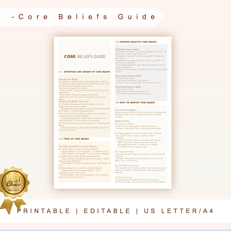 Core Beliefs Complete Guide Printable,core Beliefs Worksheet, Editable ...