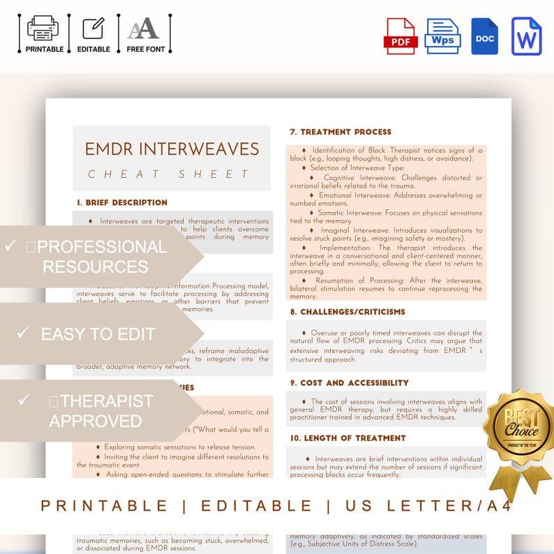 EMDR Interweave Cheat Sheet, Printable and Editable Therapist Guide for ...