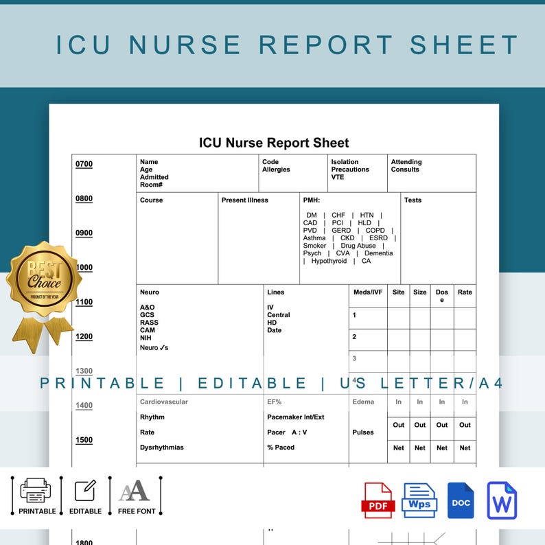 Printable ICU Nurse Report Sheet Template for Shift Handoff, Editable ...