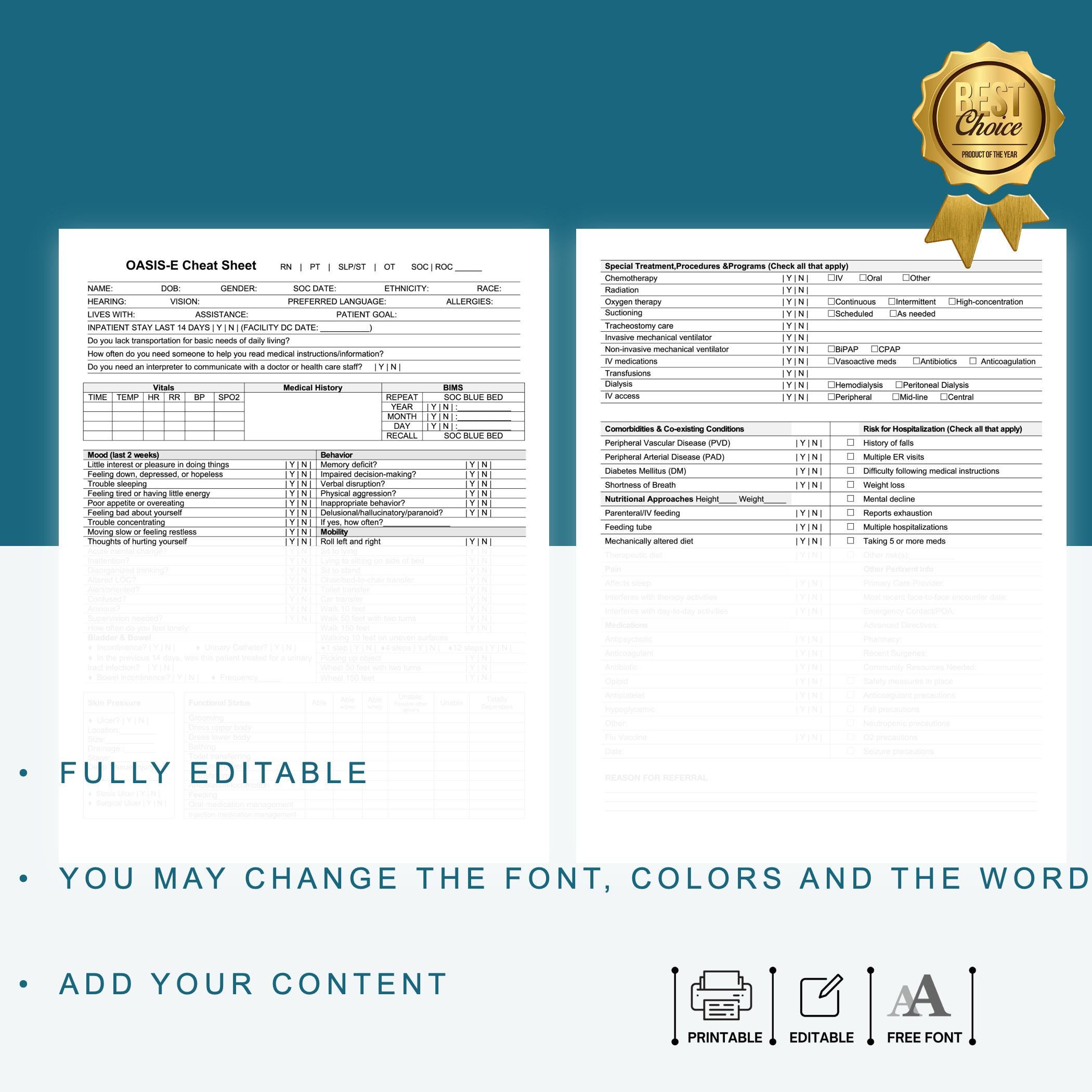 Printable OASIS-E Start of Care Cheat Sheet, Editable OASIS E Start of ...