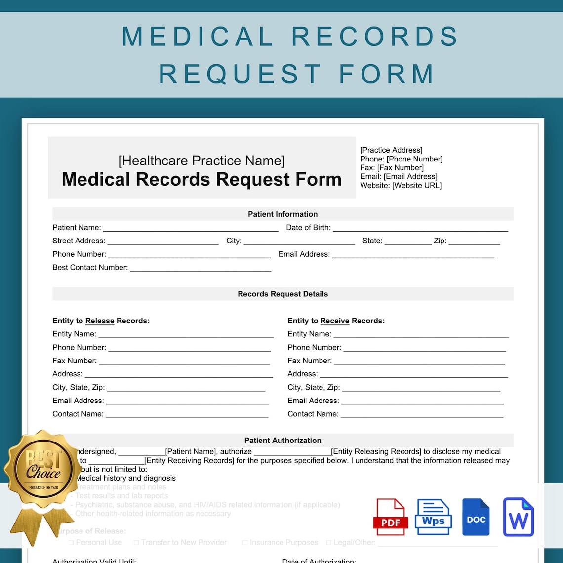 Medical Records Request Form Template, Printable Healthcare Medical ...