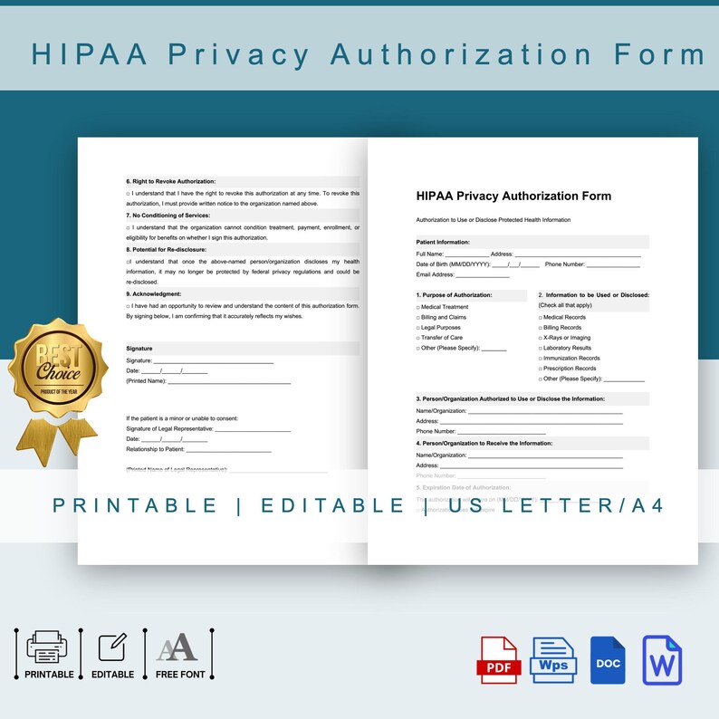 Editable HIPAA Privacy Authorization Form, Printable Medical Release ...