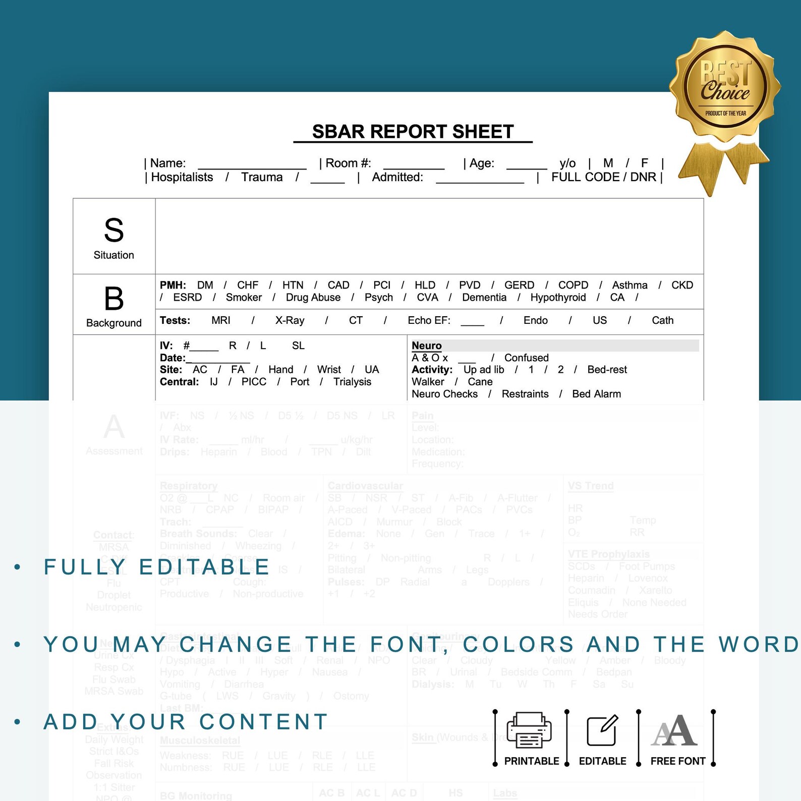 Printable SBAR Report Sheet Template for Nurses, Editable SBAR ...