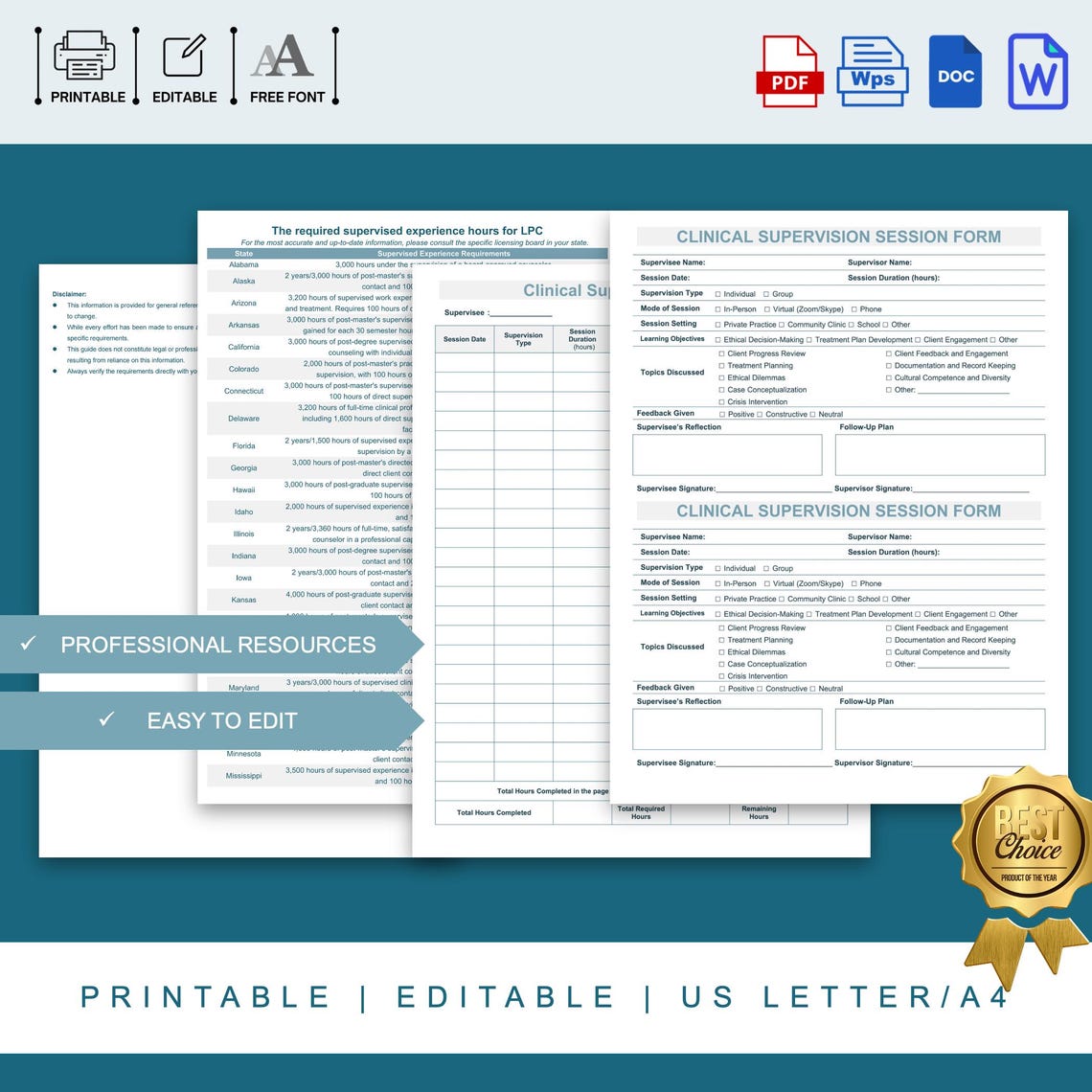Clinical Supervision Session Form & Hours Log for Lpcs, Editable ...