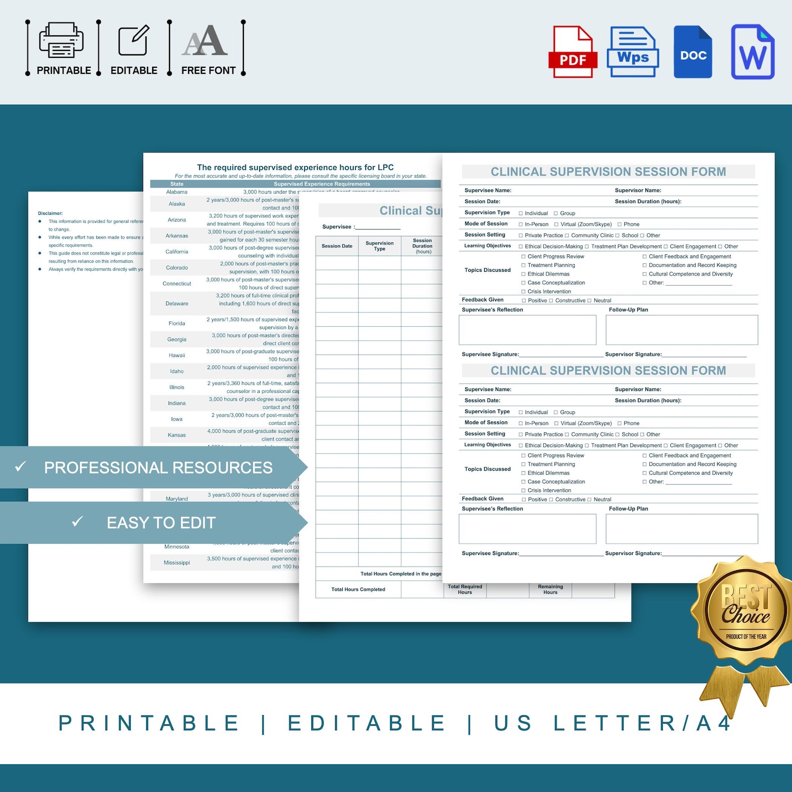 Clinical Supervision Session Form & Hours Log for Lpcs, Editable ...