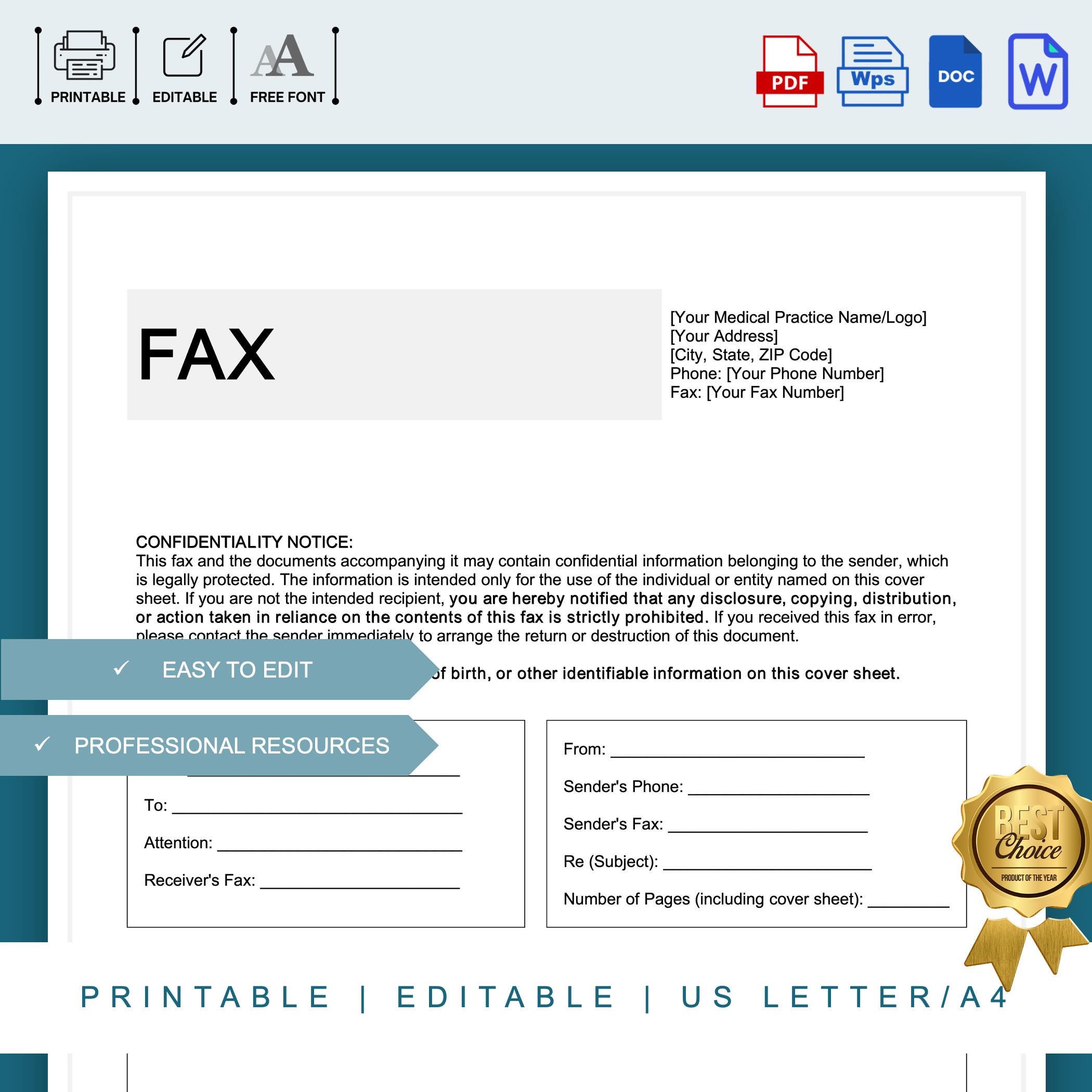 Medical Fax Cover Sheet Template, Printable Healthcare Fax Cover Sheet ...