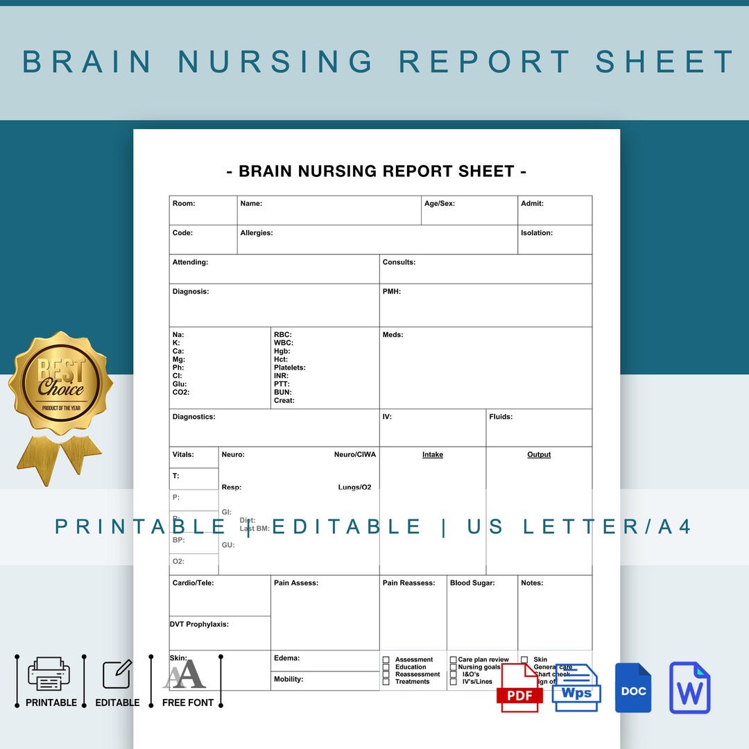 Printable Brain Nursing Report Sheet Template, Editable Nurse Brain ...