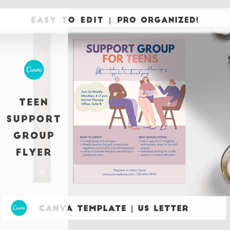 Teen Therapy Group Flyer Template Canva, Anxiety Support Group for ...