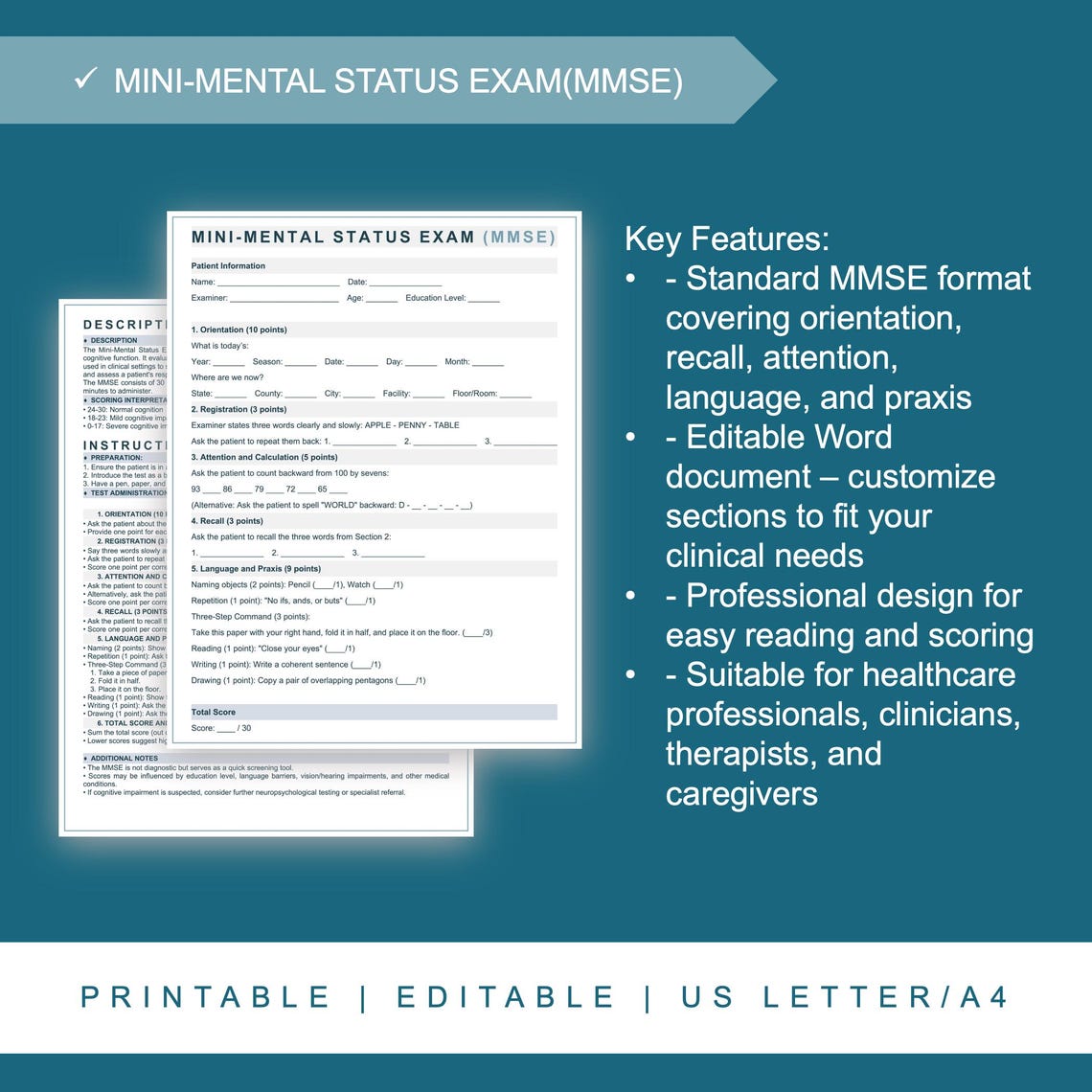 Editable Mini-mental Status Exam (MMSE) Template, Cognitive Assessment ...