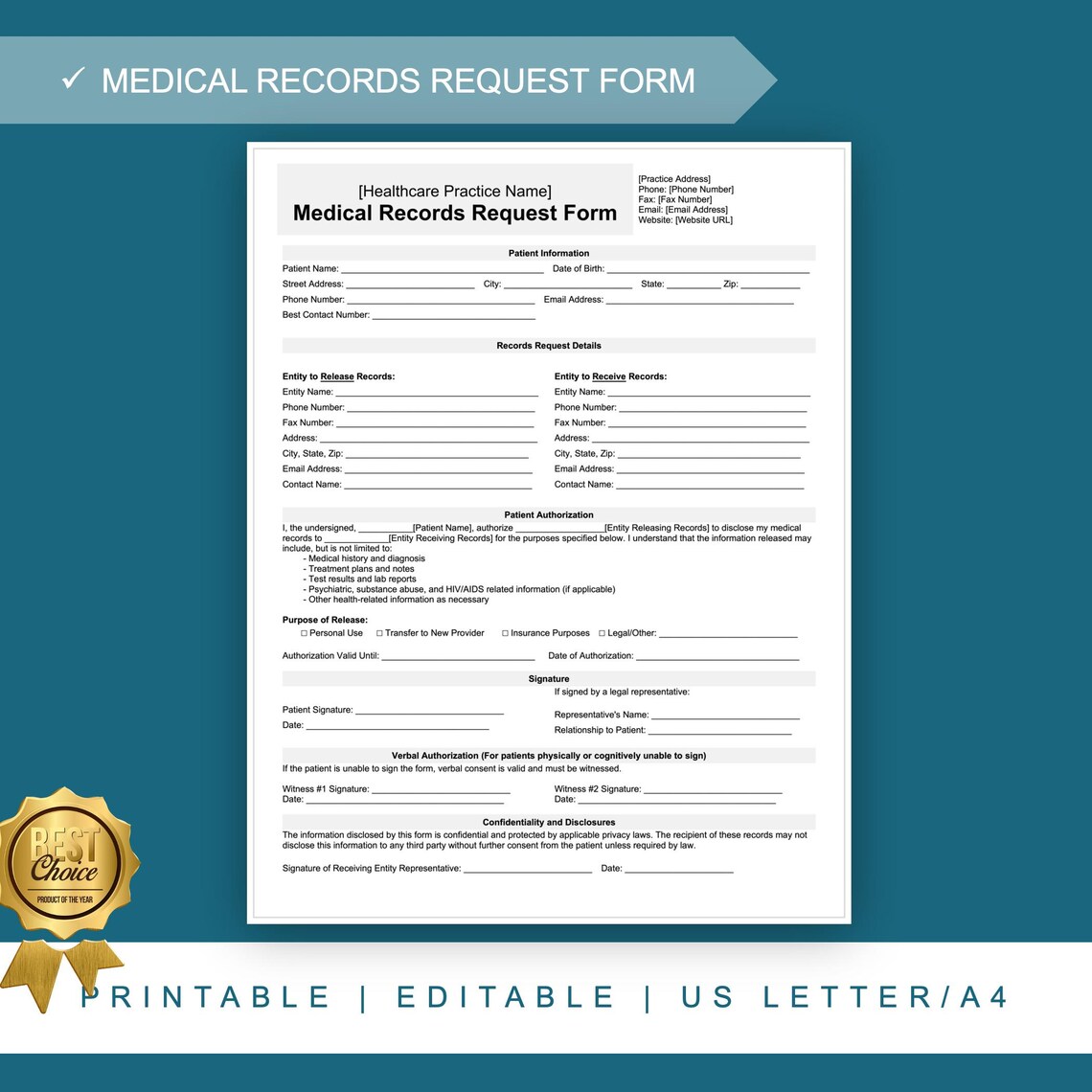 Medical Records Request Form Template, Printable Healthcare Medical ...