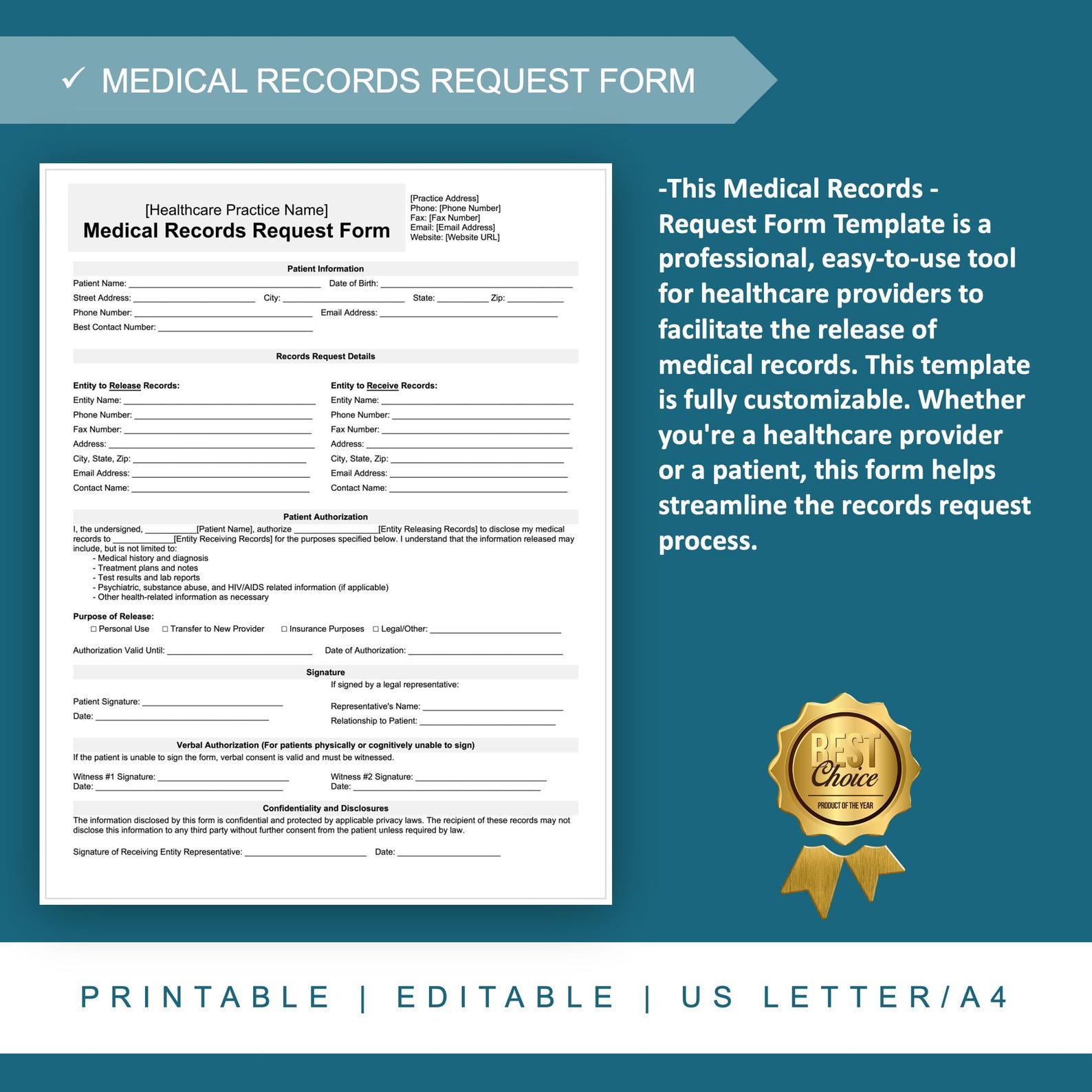 Medical Records Request Form Template, Printable Healthcare Medical ...