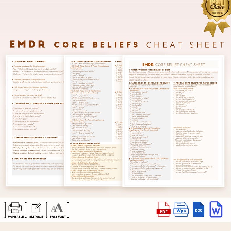 EMDR Core Belief Cheat Sheet, EMDR Negative and Positive Core Beliefs ...