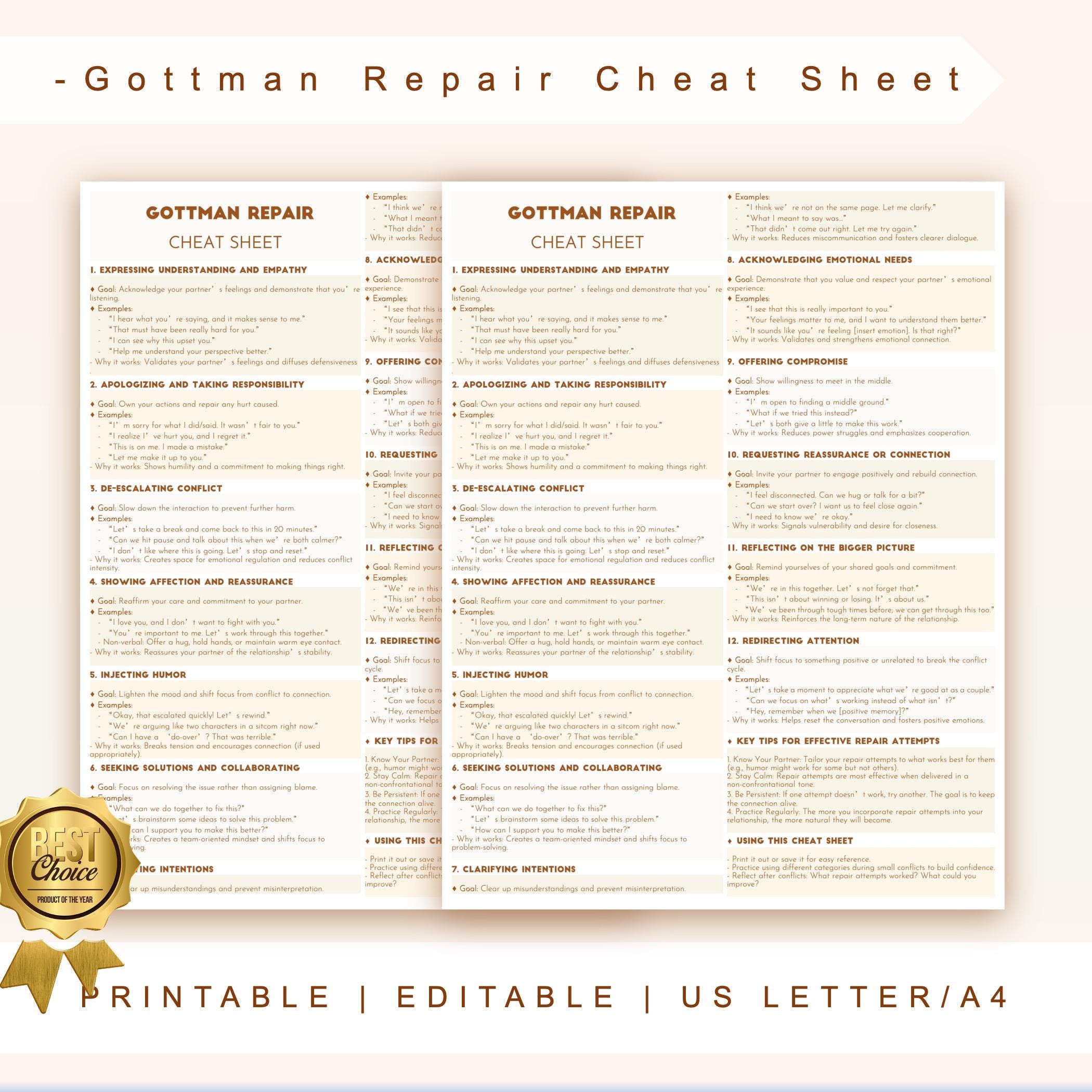 Gottman Repair Cheat Sheet, Relationship Conflict Resolution Printable ...