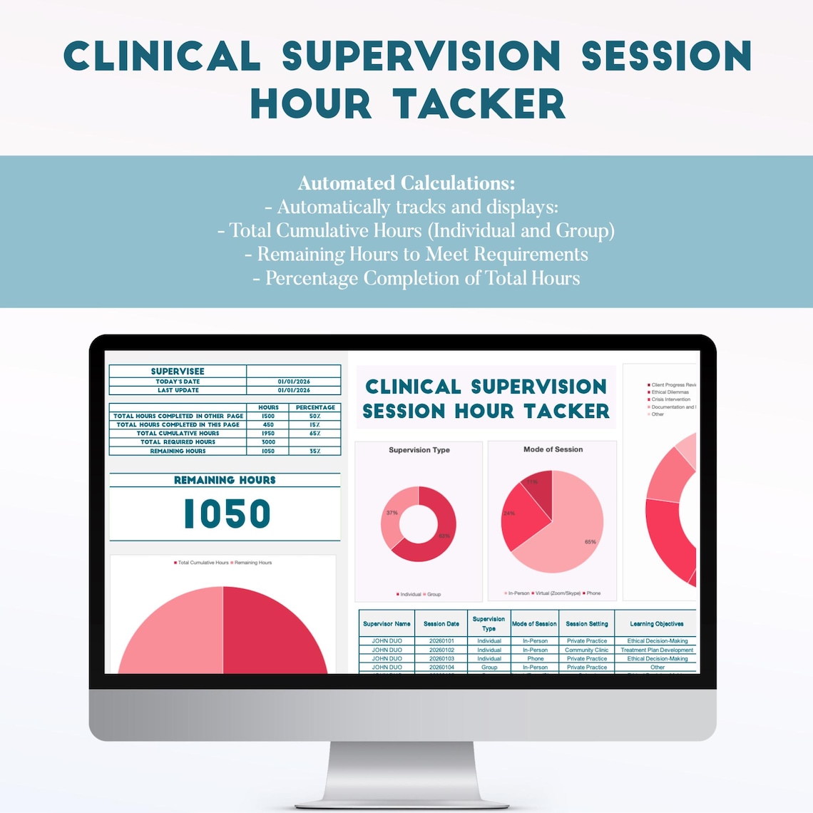 Clinical Supervision Session Tracker for Lpcs, Supervision Tracking Log ...