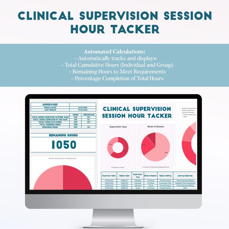 Clinical Supervision Session Tracker for Lpcs, Supervision Tracking Log ...