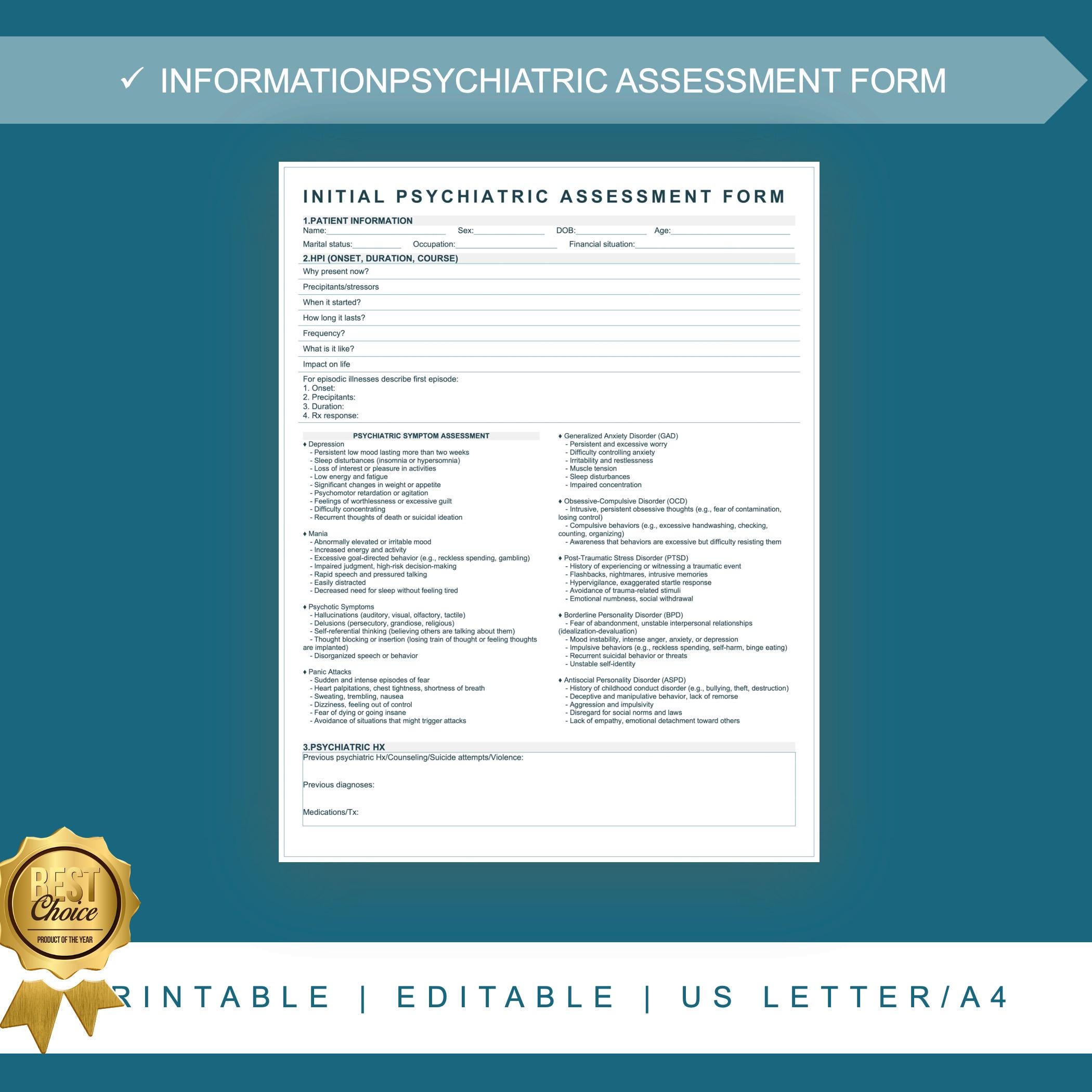 Initial Psychiatric Assessment Form, Clinical Interview Guide, Mental Health Evaluation Template ...