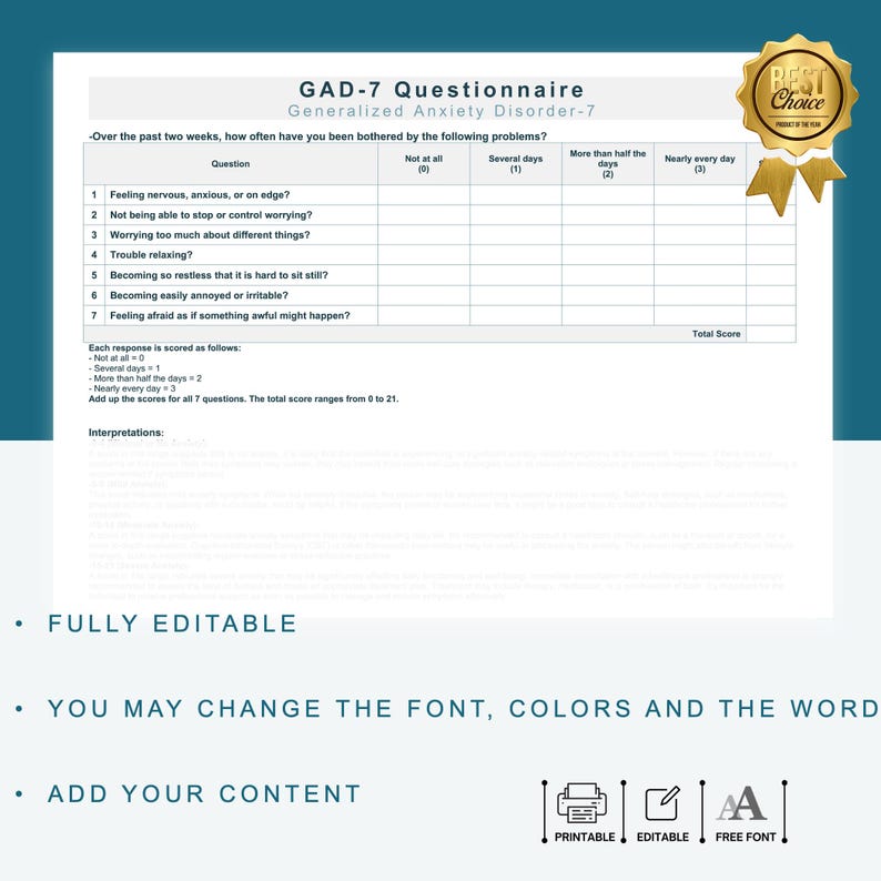 GAD-7 Anxiety Questionnaire, Generalized Anxiety Disorder Screening ...