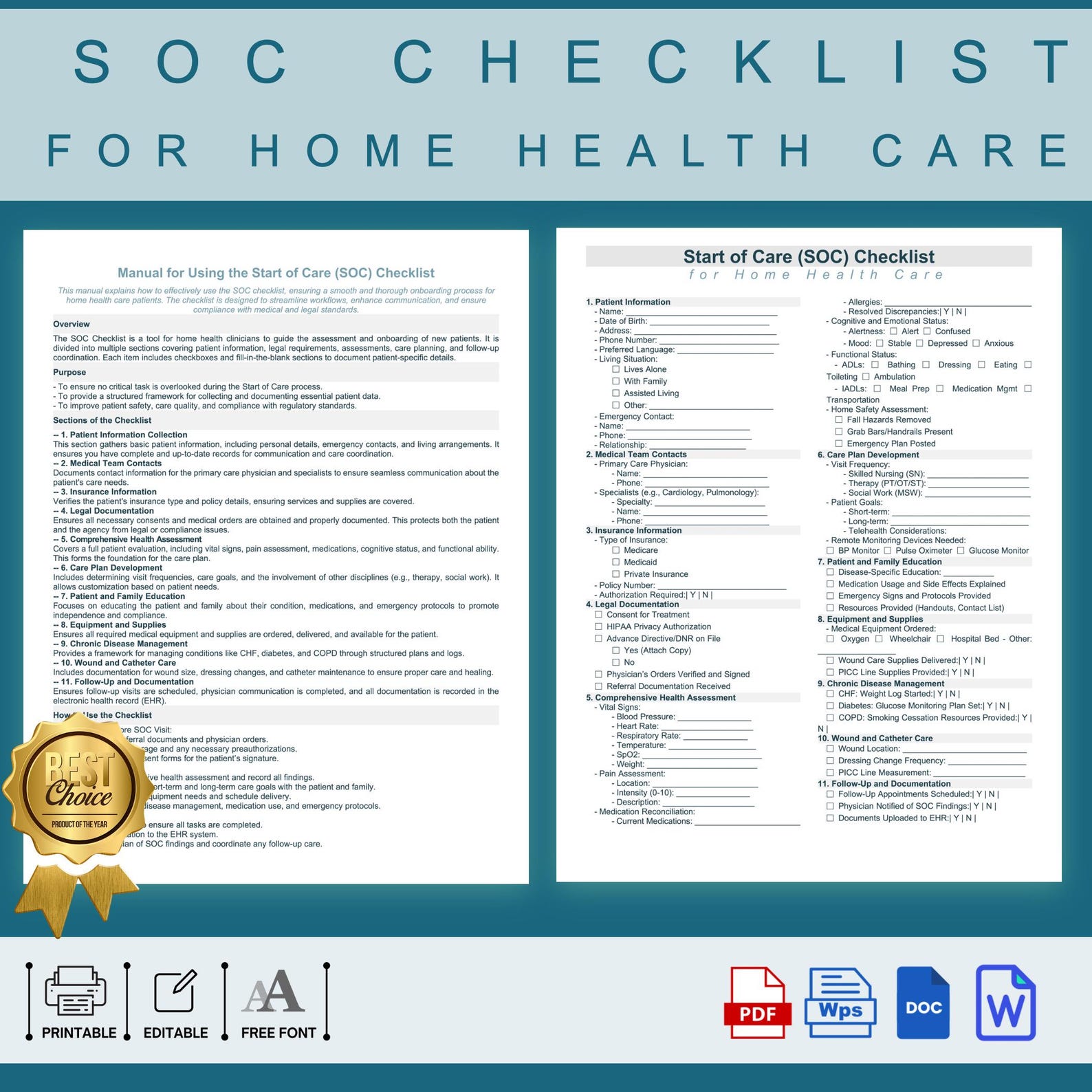 Comprehensive Soc Checklist for Home Health Care, Editable Start of Care (SOC) Checklist, SOC ...