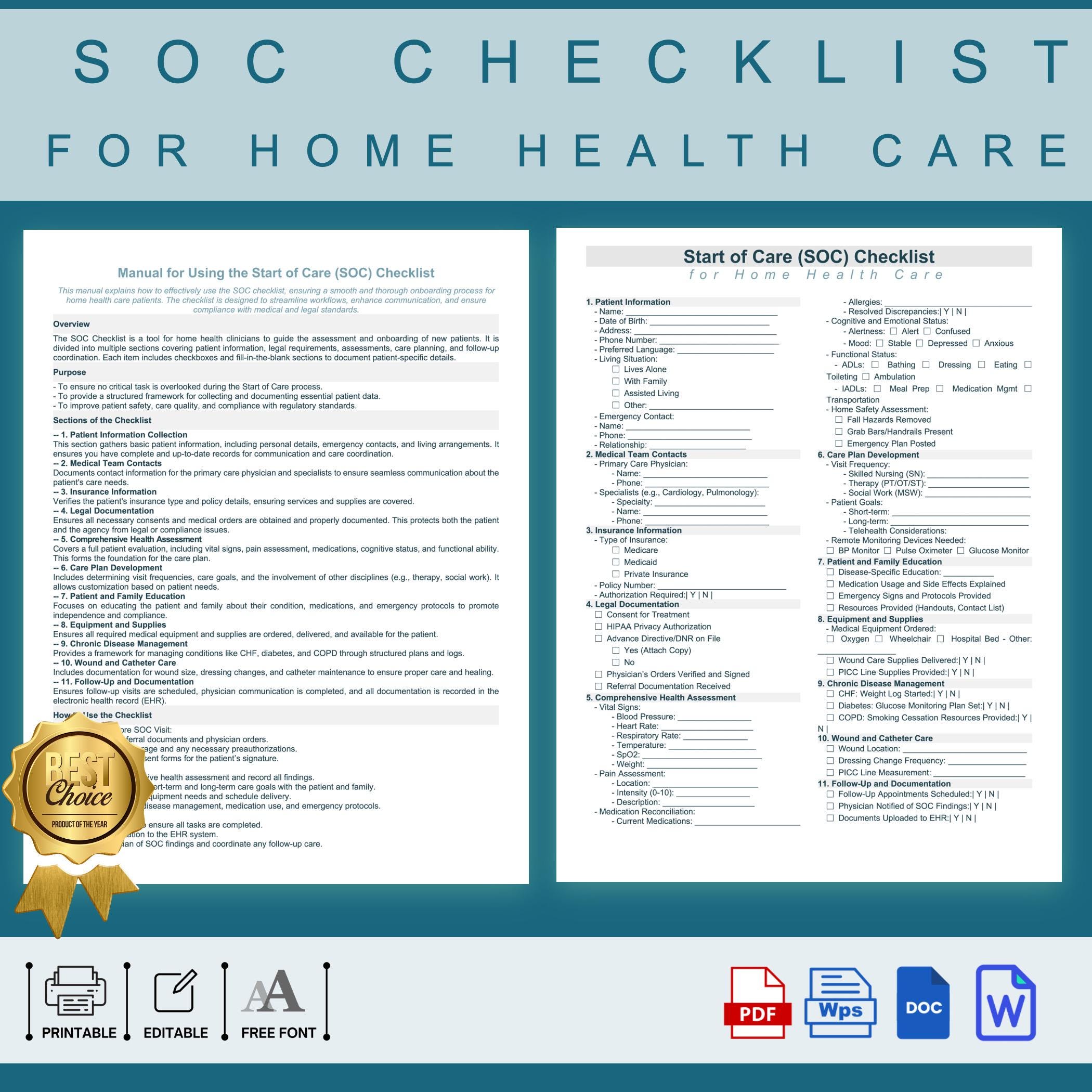 Comprehensive Soc Checklist for Home Health Care, Editable Start of ...
