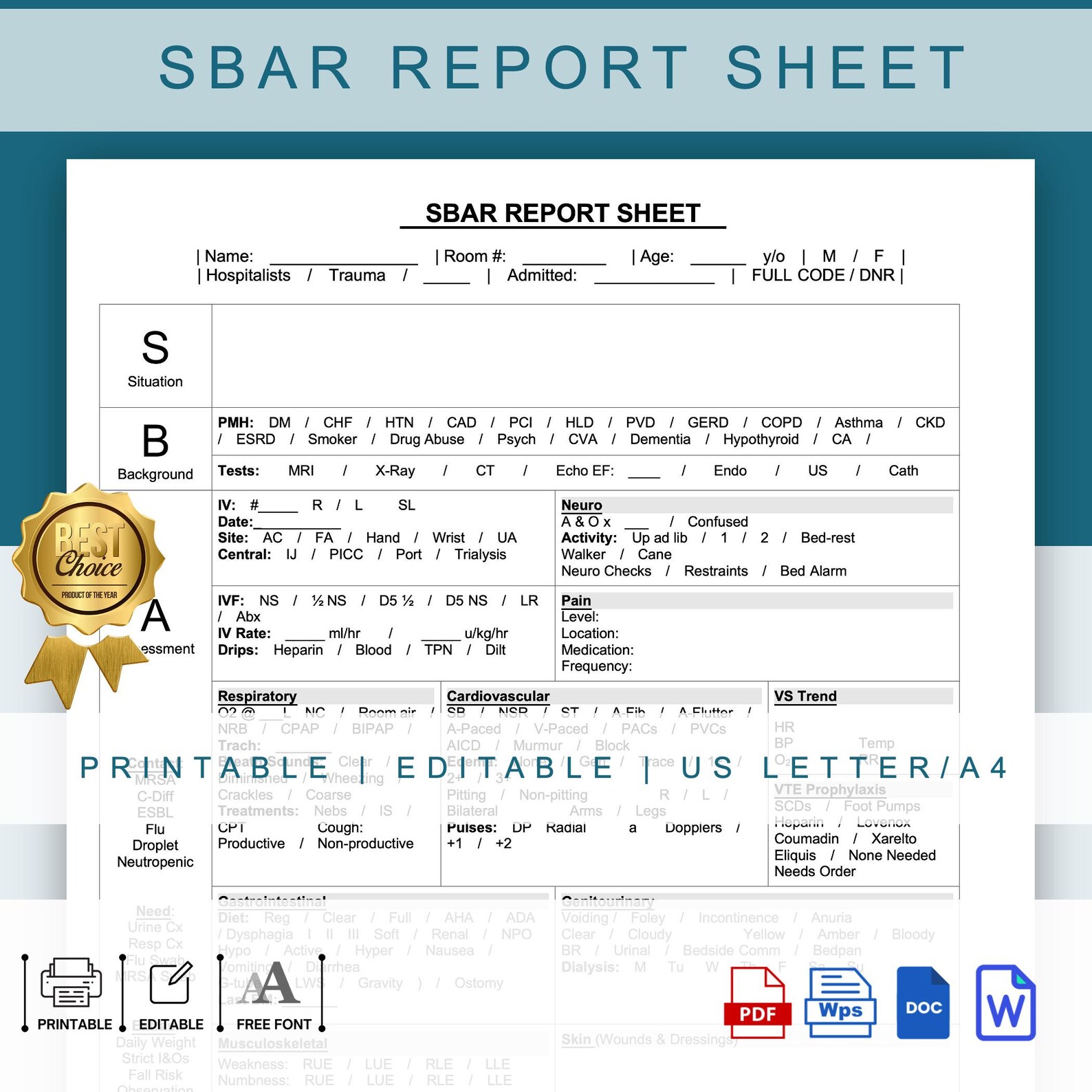 Printable SBAR Report Sheet Template for Nurses, Editable SBAR ...