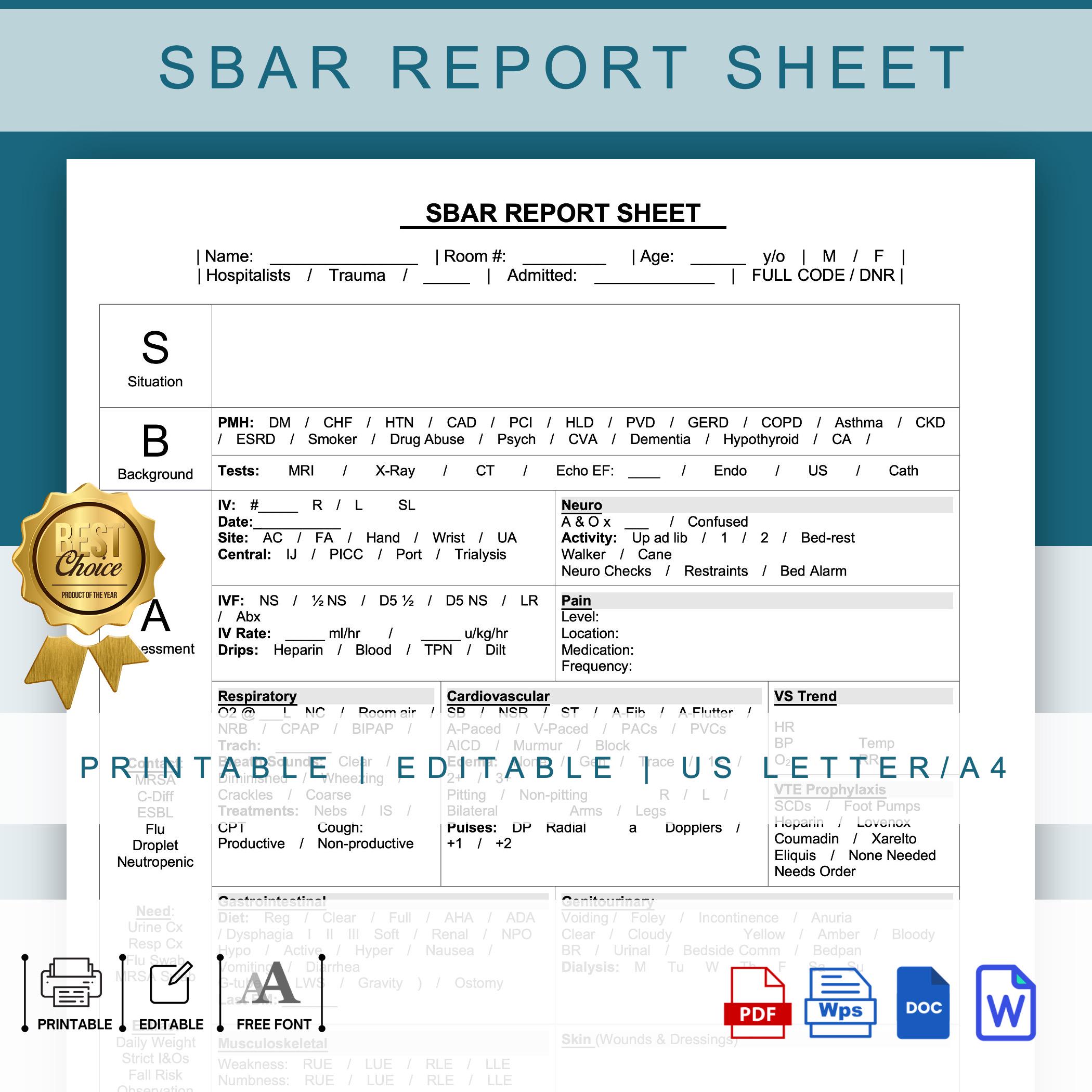 Printable SBAR Report Sheet Template for Nurses, Editable SBAR ...
