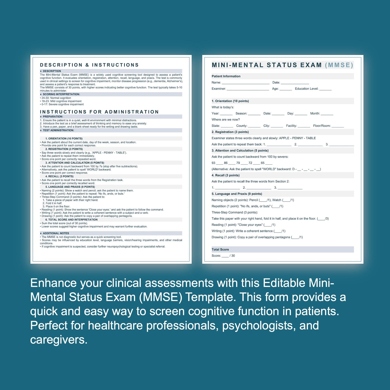 Editable Mini-mental Status Exam (MMSE) Template, Cognitive Assessment ...