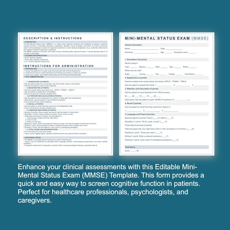 Editable Mini-mental Status Exam (MMSE) Template, Cognitive Assessment ...