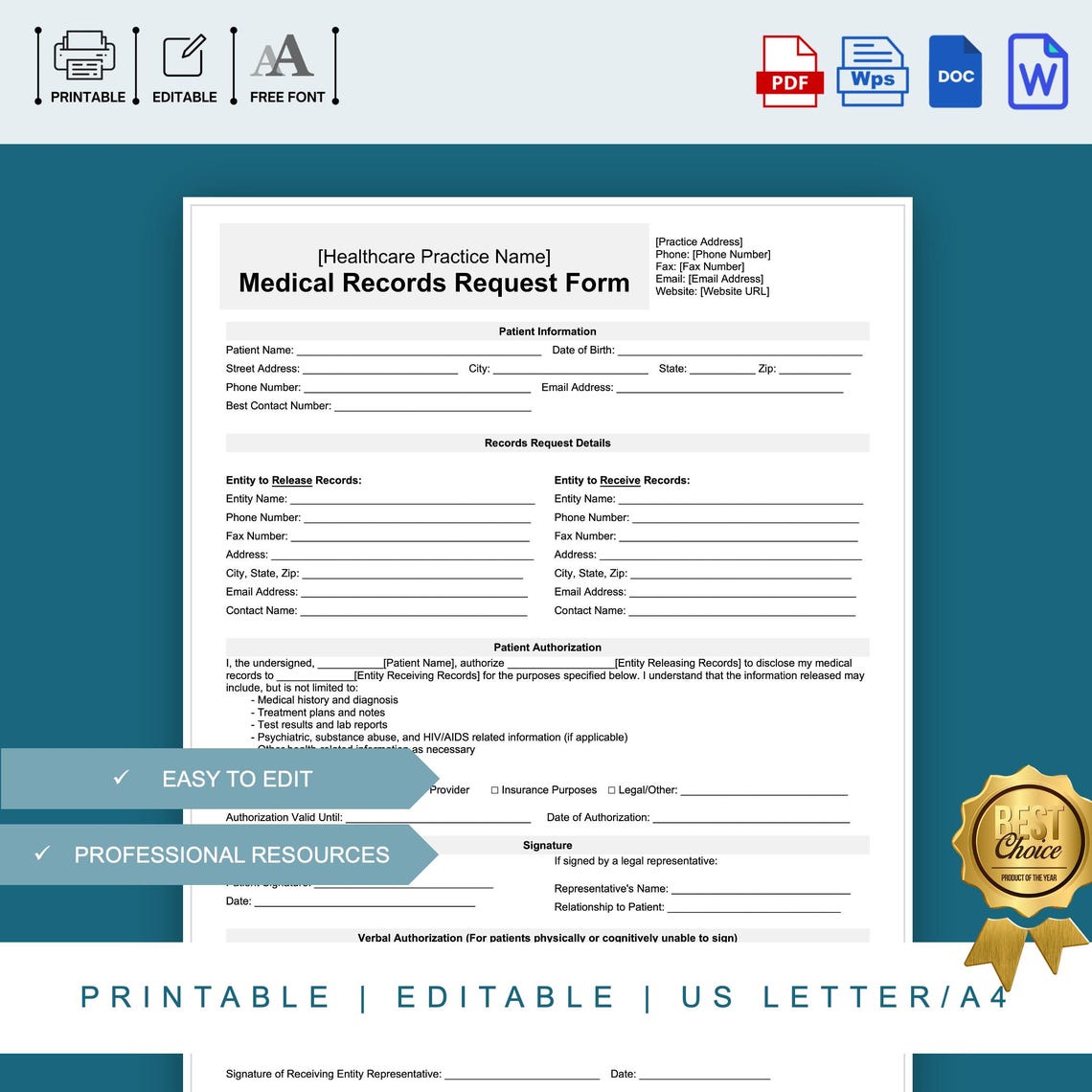 Medical Records Request Form Template, Printable Healthcare Medical ...
