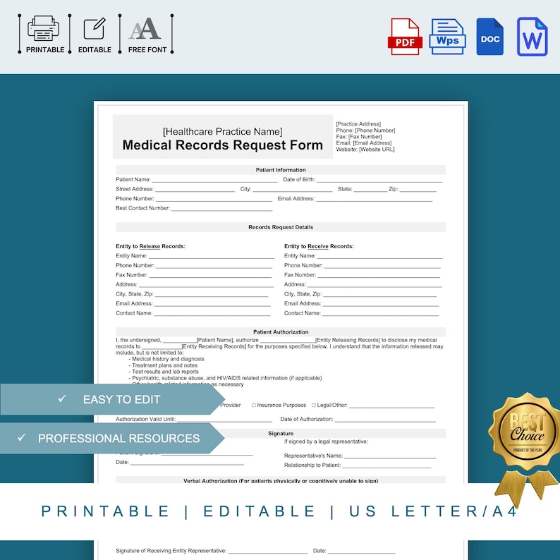 Medical Records Request Form Template, Printable Healthcare Medical ...