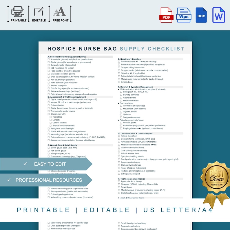 Hospice Nurse Bag Checklist Printable, Home Visit Supply List for ...