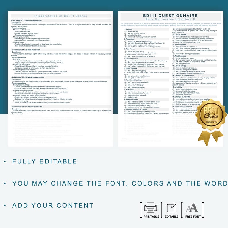 Printable Beck Depression Inventory (BDI-II) Questionnaire, Editable ...