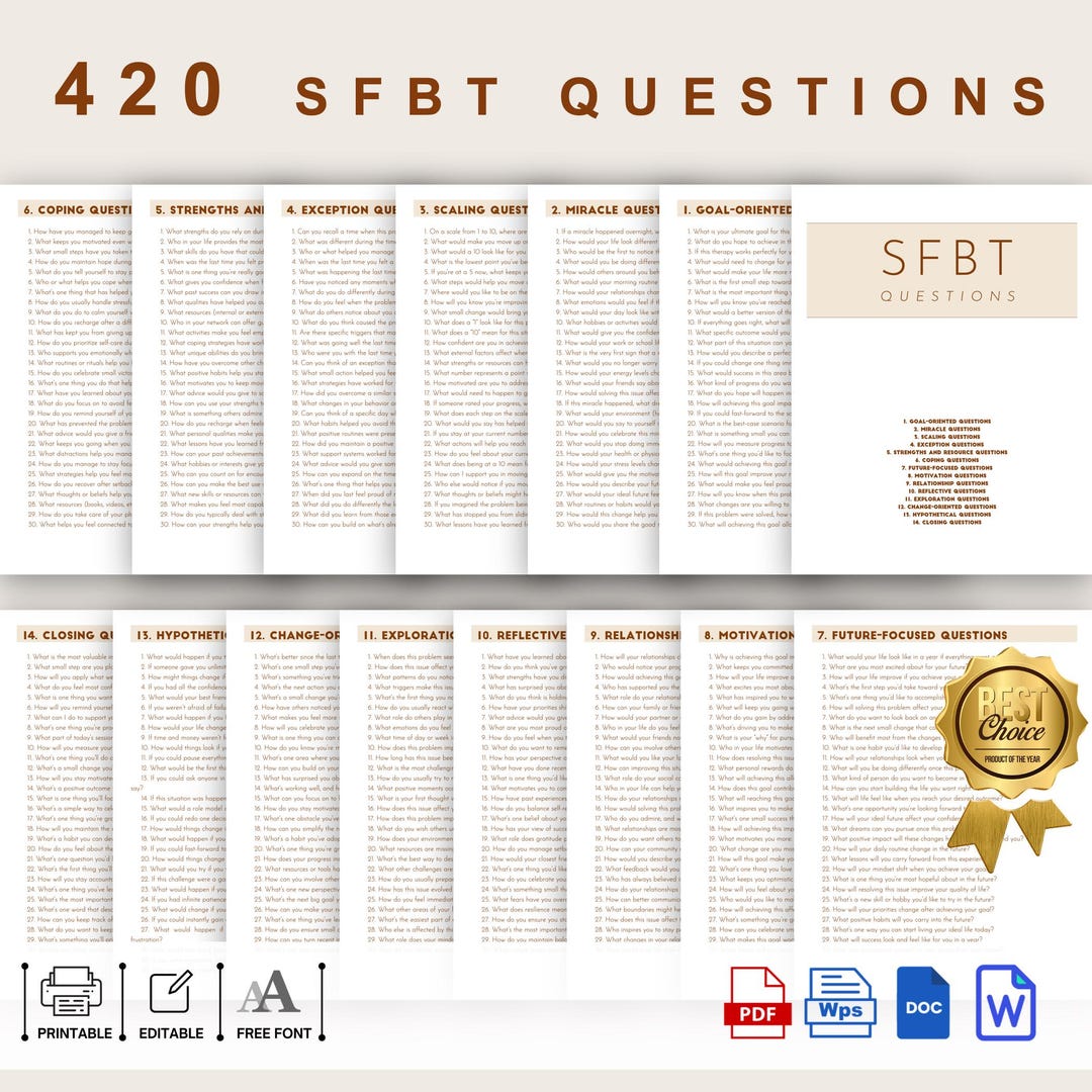 420 Solution Focused Brief Therapy (SFBT) Questions, Printale SFBT ...