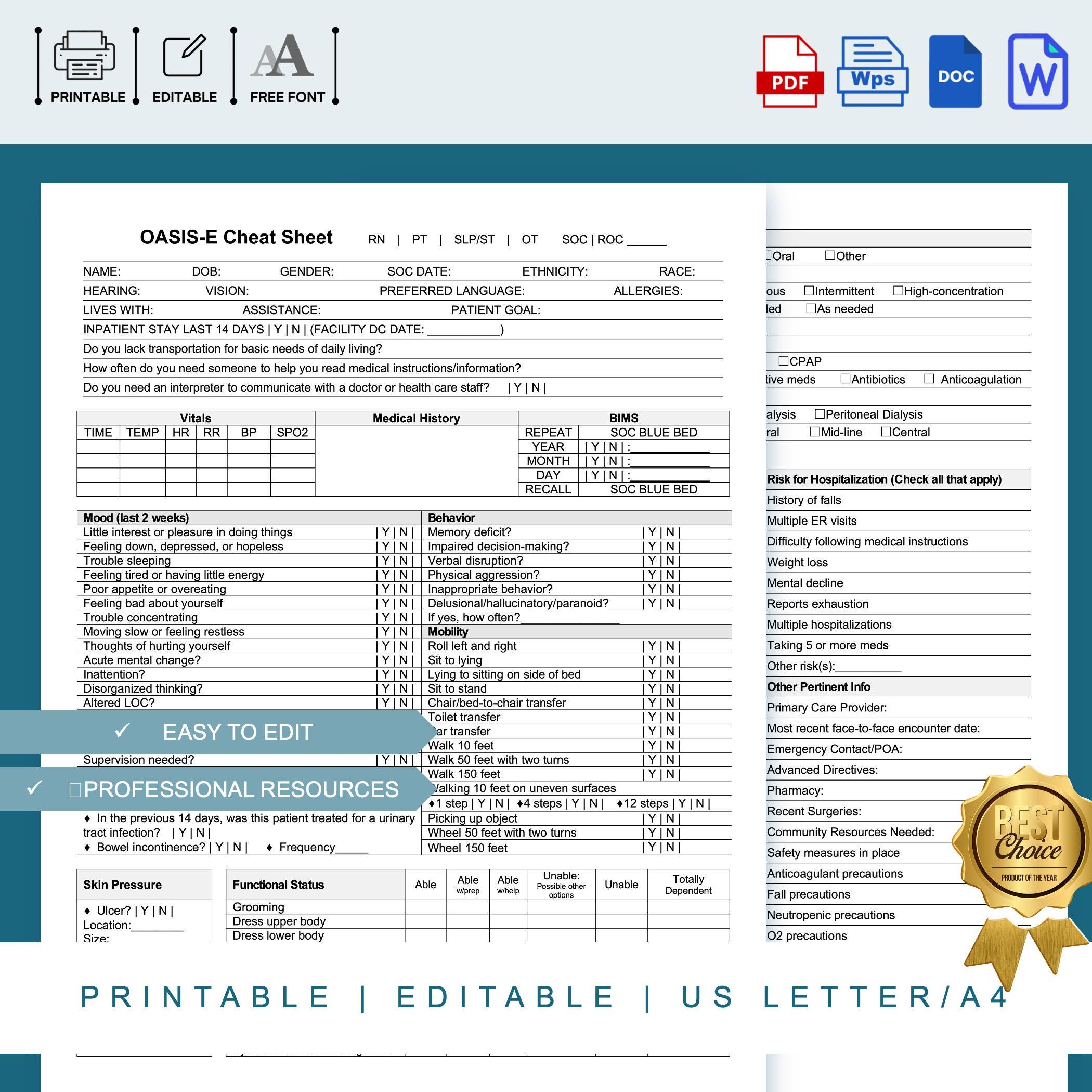 Printable OASIS-E Start of Care Cheat Sheet, Editable OASIS E Start of ...
