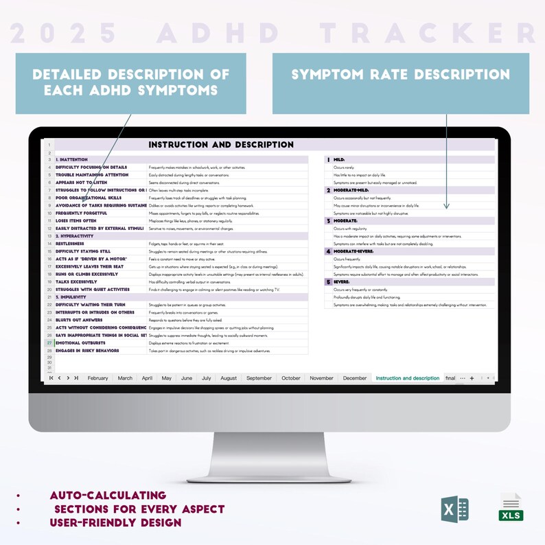 2025 ADHD Symptom Tracker Spreadsheet,monthly ADHD Severity Tracker ...