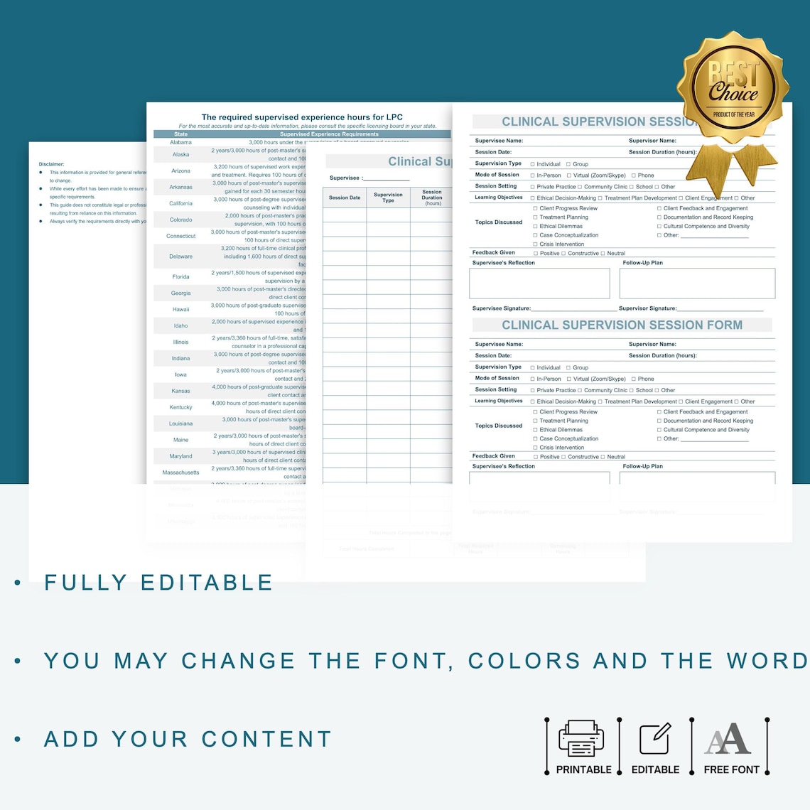 Clinical Supervision Session Form & Hours Log for Lpcs, Editable ...