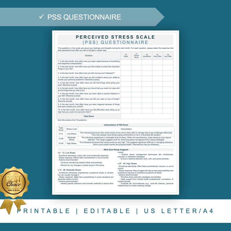 Perceived Stress Scale (PSS) Questionnaire, Printable Stress Management ...