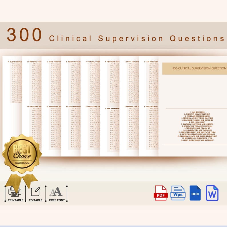 300 Clinical Supervision Questions, 15 Key Areas, Printable Therapist ...