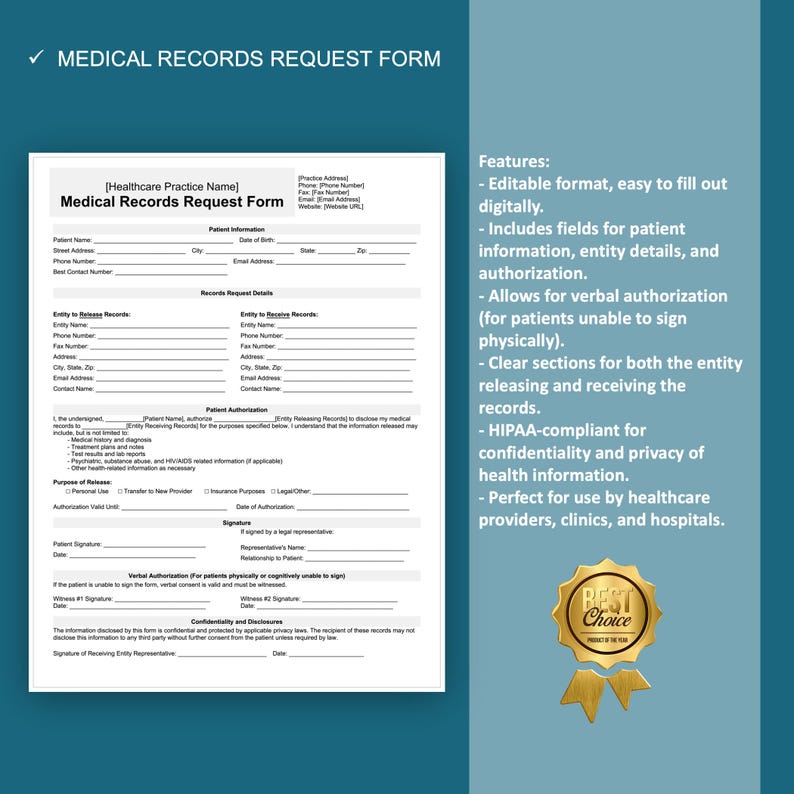 Medical Records Request Form Template, Printable Healthcare Medical ...