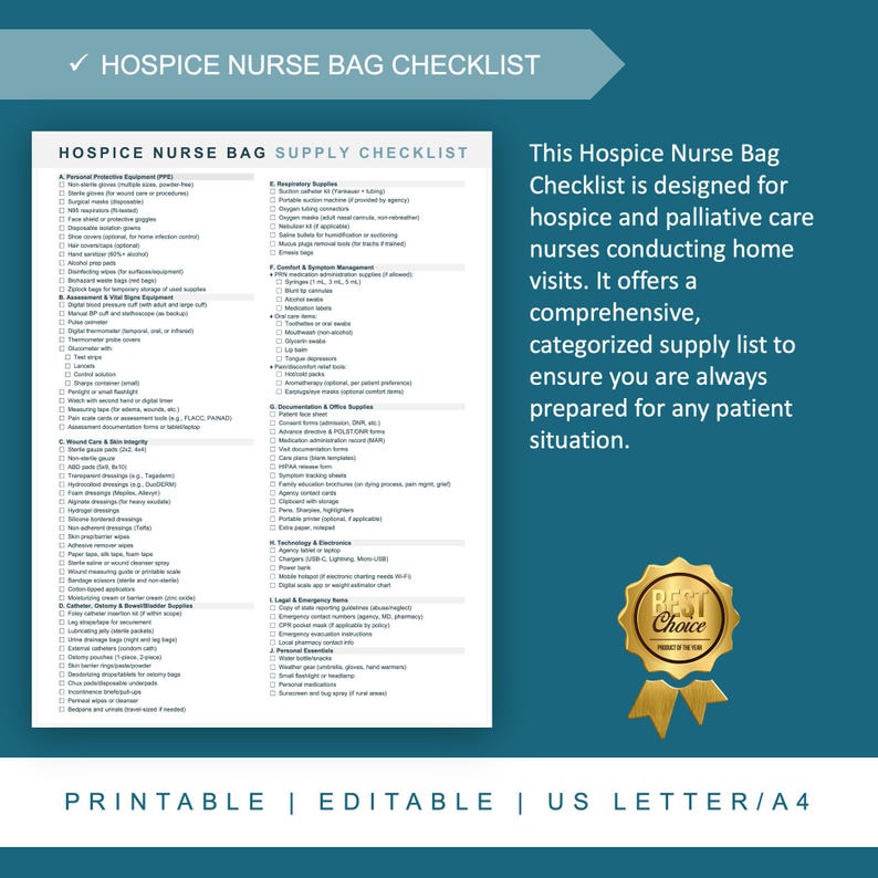 Hospice Nurse Bag Checklist Printable, Home Visit Supply List for ...