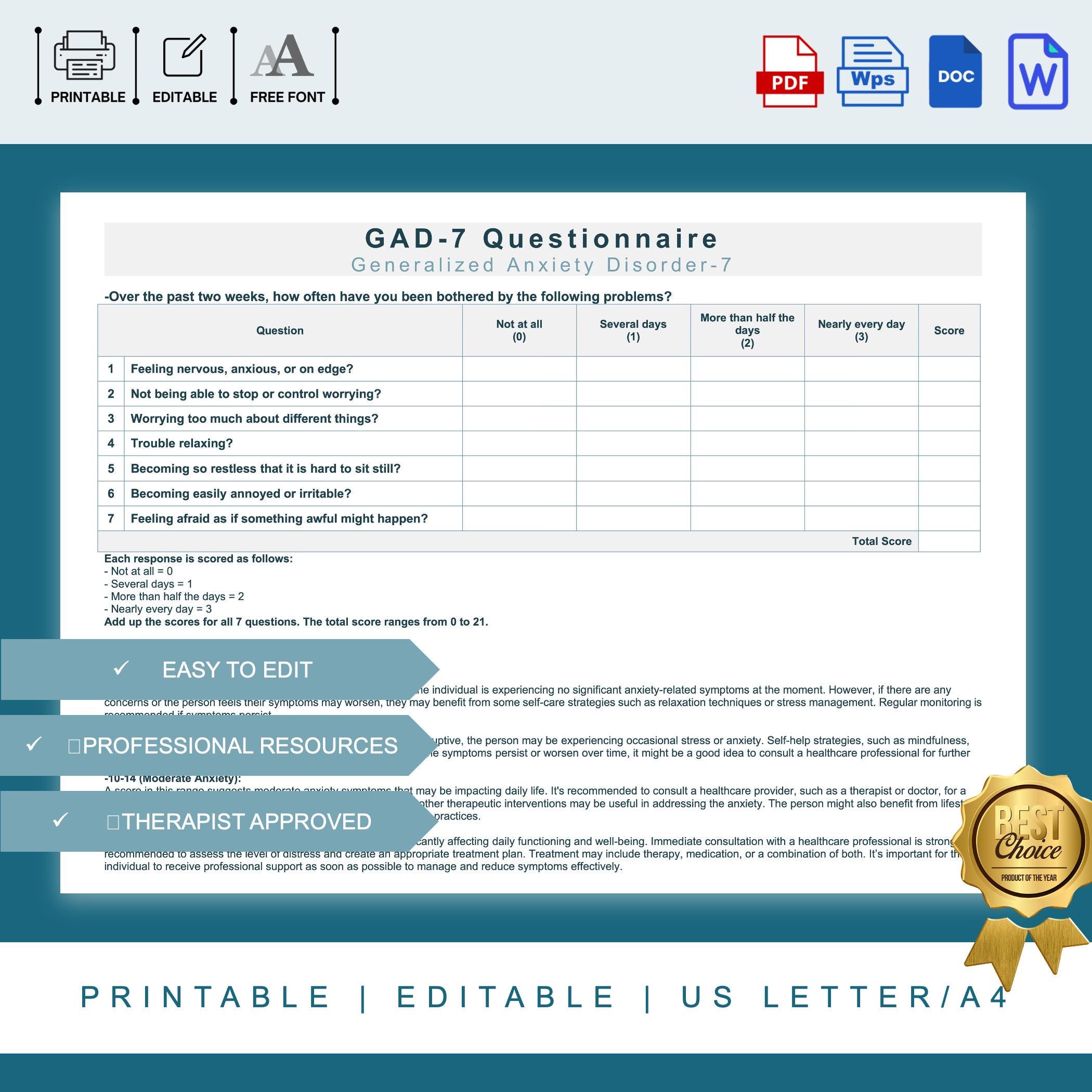 GAD-7 Anxiety Questionnaire, Generalized Anxiety Disorder Screening ...