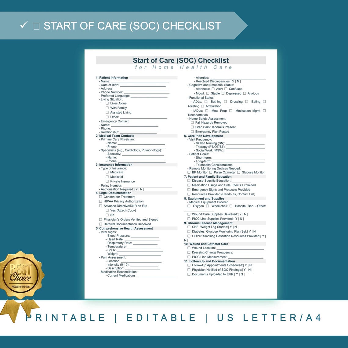 Comprehensive Soc Checklist for Home Health Care, Editable Start of ...