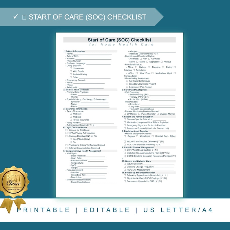 Comprehensive Soc Checklist for Home Health Care, Editable Start of ...