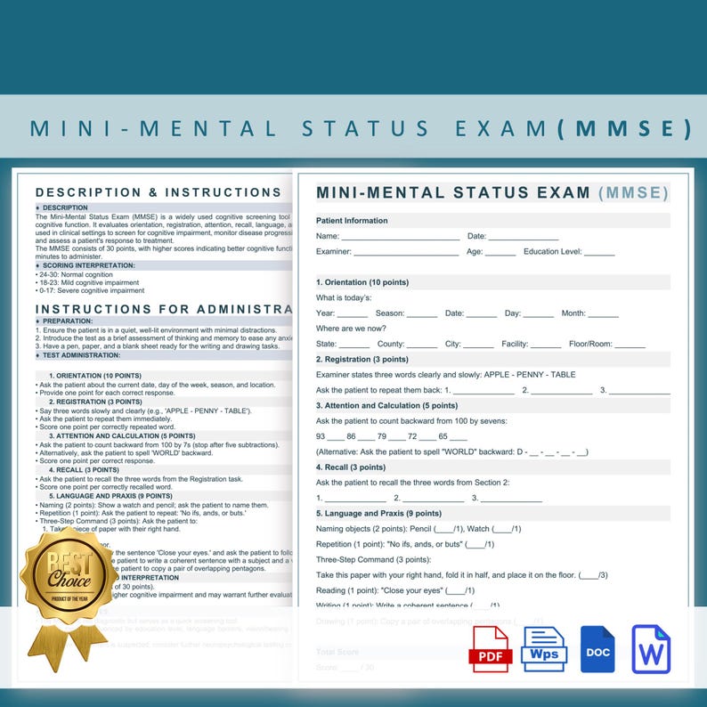 Editable Mini-mental Status Exam (MMSE) Template, Cognitive Assessment ...