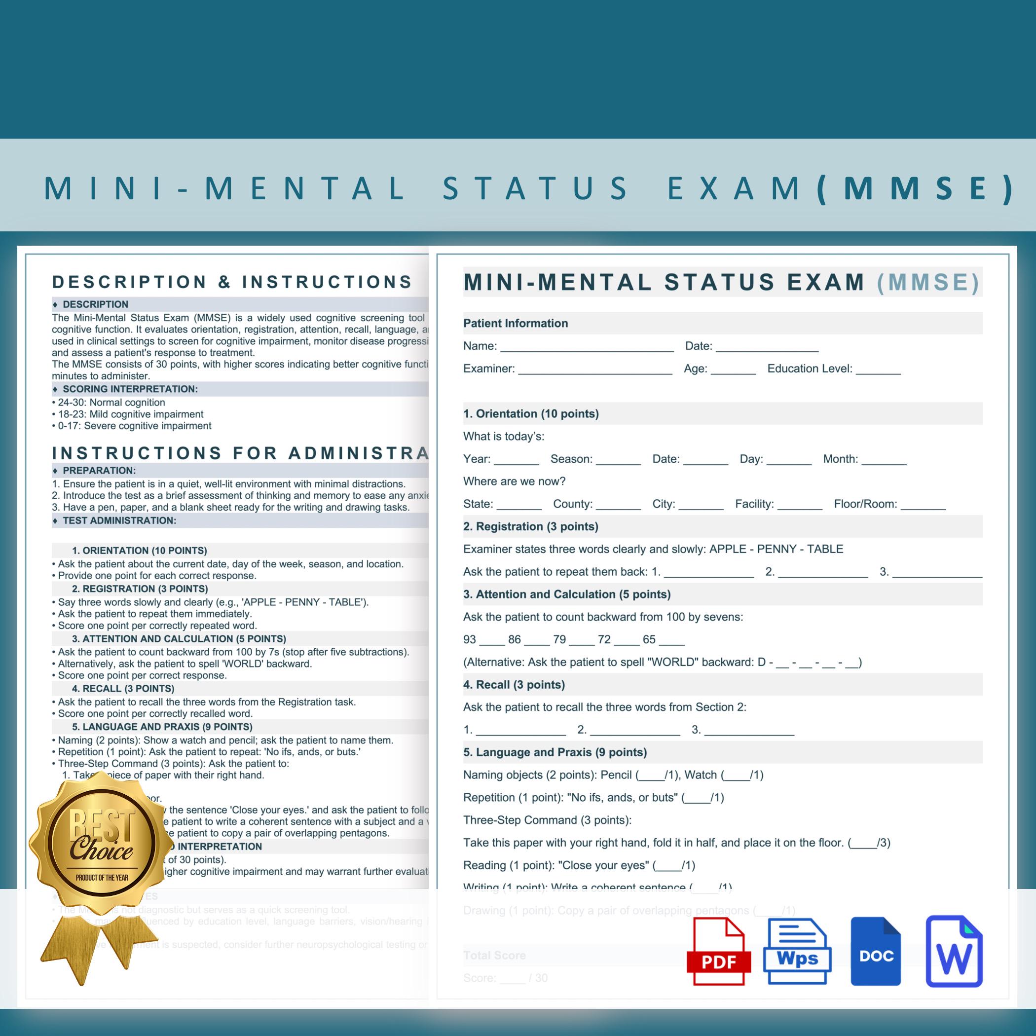 Editable Mini-mental Status Exam (MMSE) Template, Cognitive Assessment ...