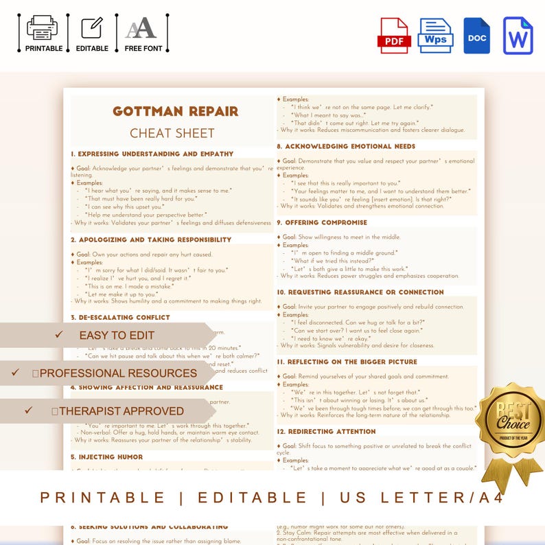 Gottman Repair Cheat Sheet, Relationship Conflict Resolution Printable ...