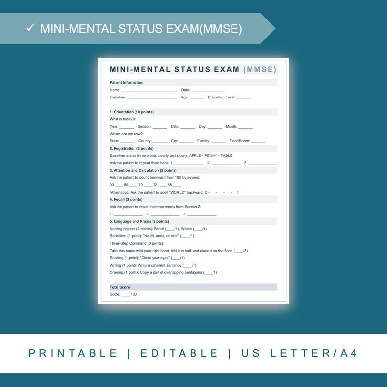 Editable Mini-mental Status Exam (MMSE) Template, Cognitive Assessment ...