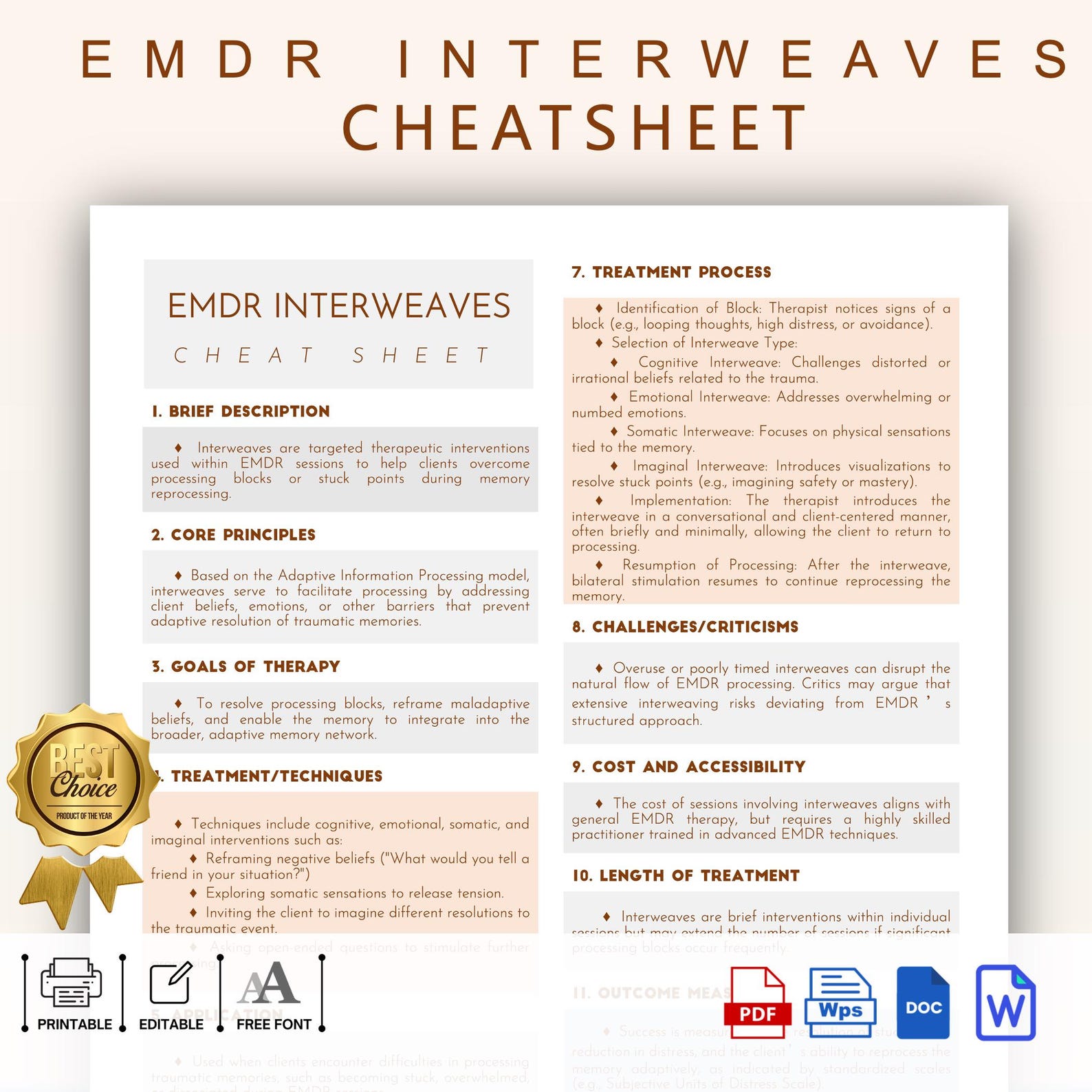 EMDR Interweave Cheat Sheet, Printable and Editable Therapist Guide for ...
