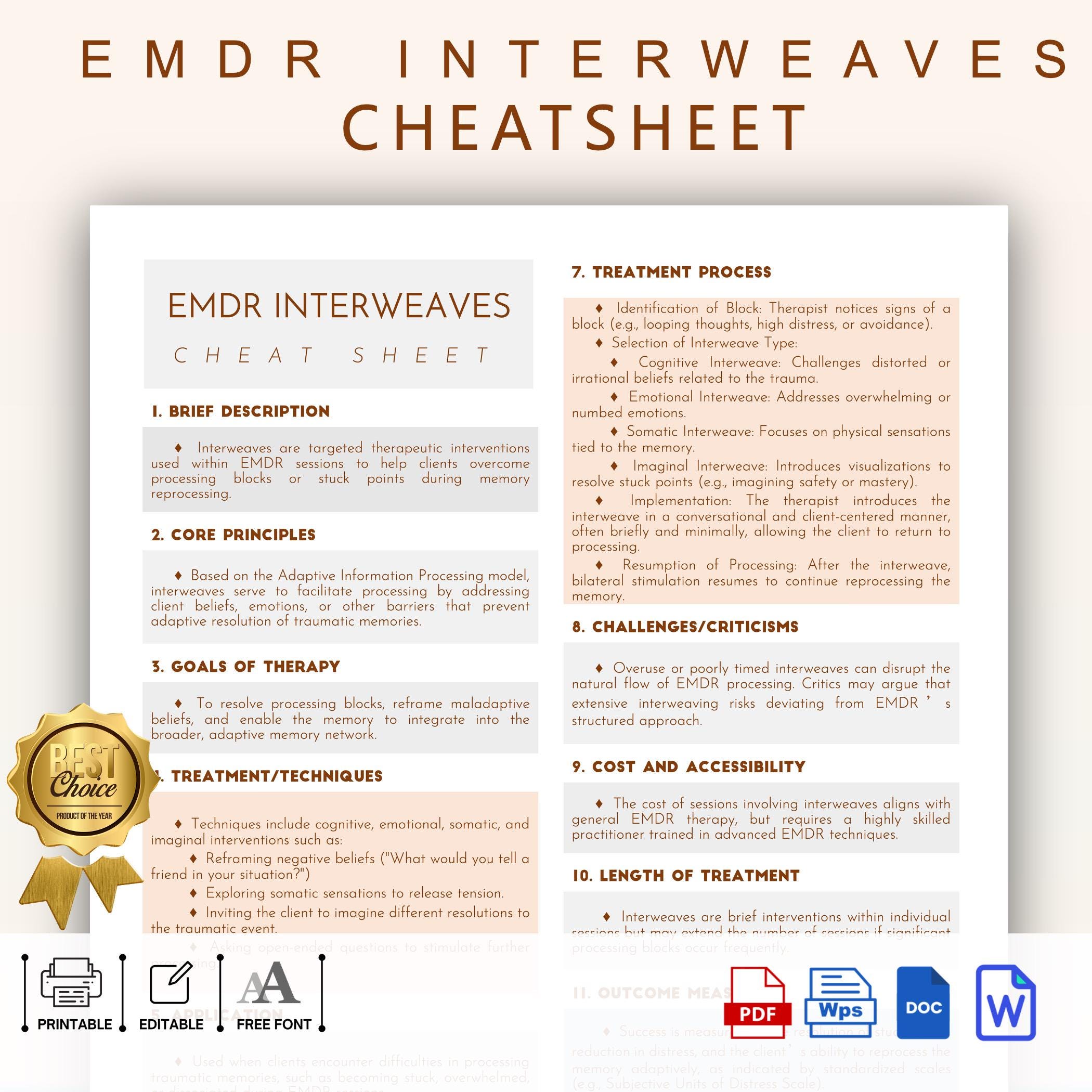 EMDR Interweave Cheat Sheet, Printable and Editable Therapist Guide for ...
