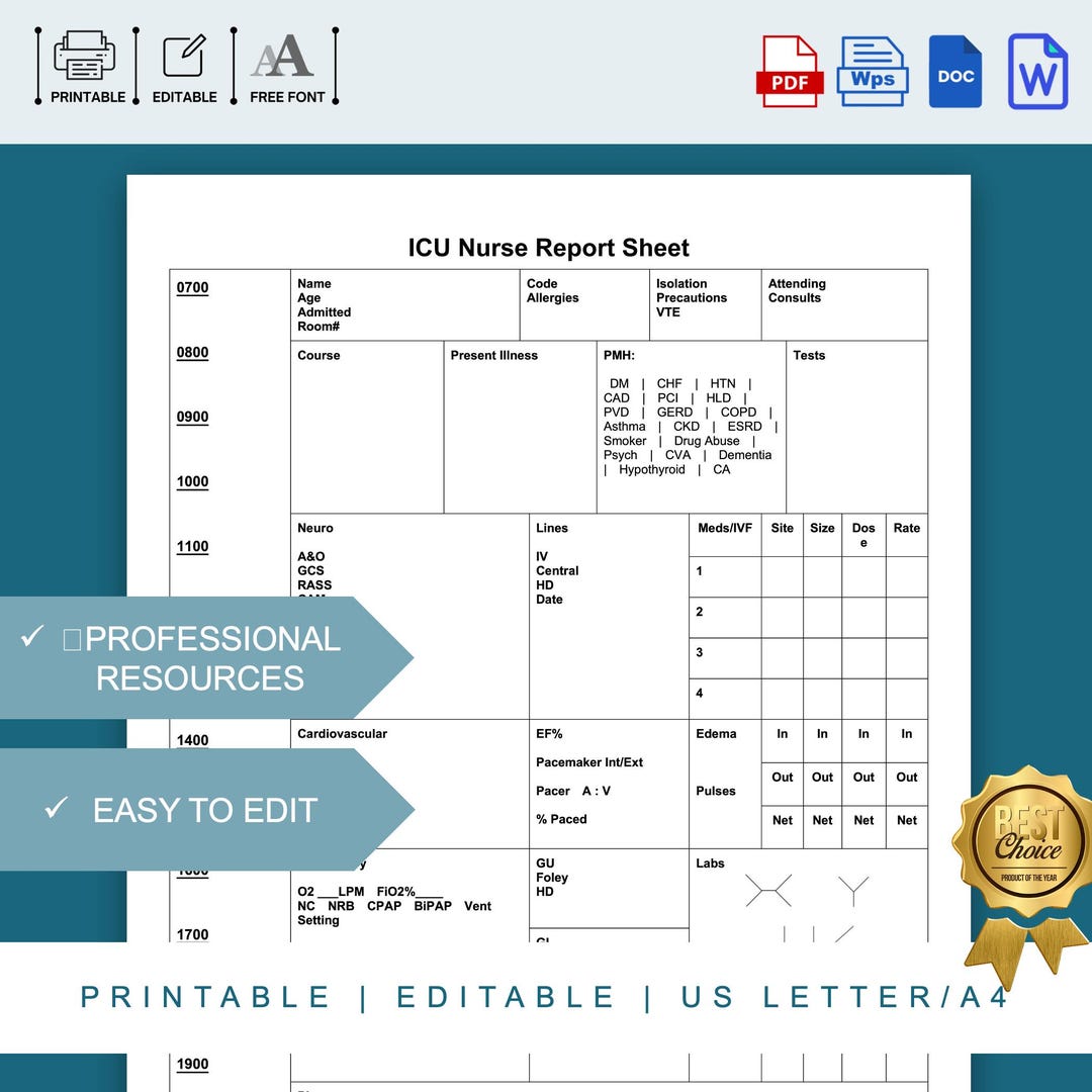 Printable ICU Nurse Report Sheet Template for Shift Handoff, Editable ...