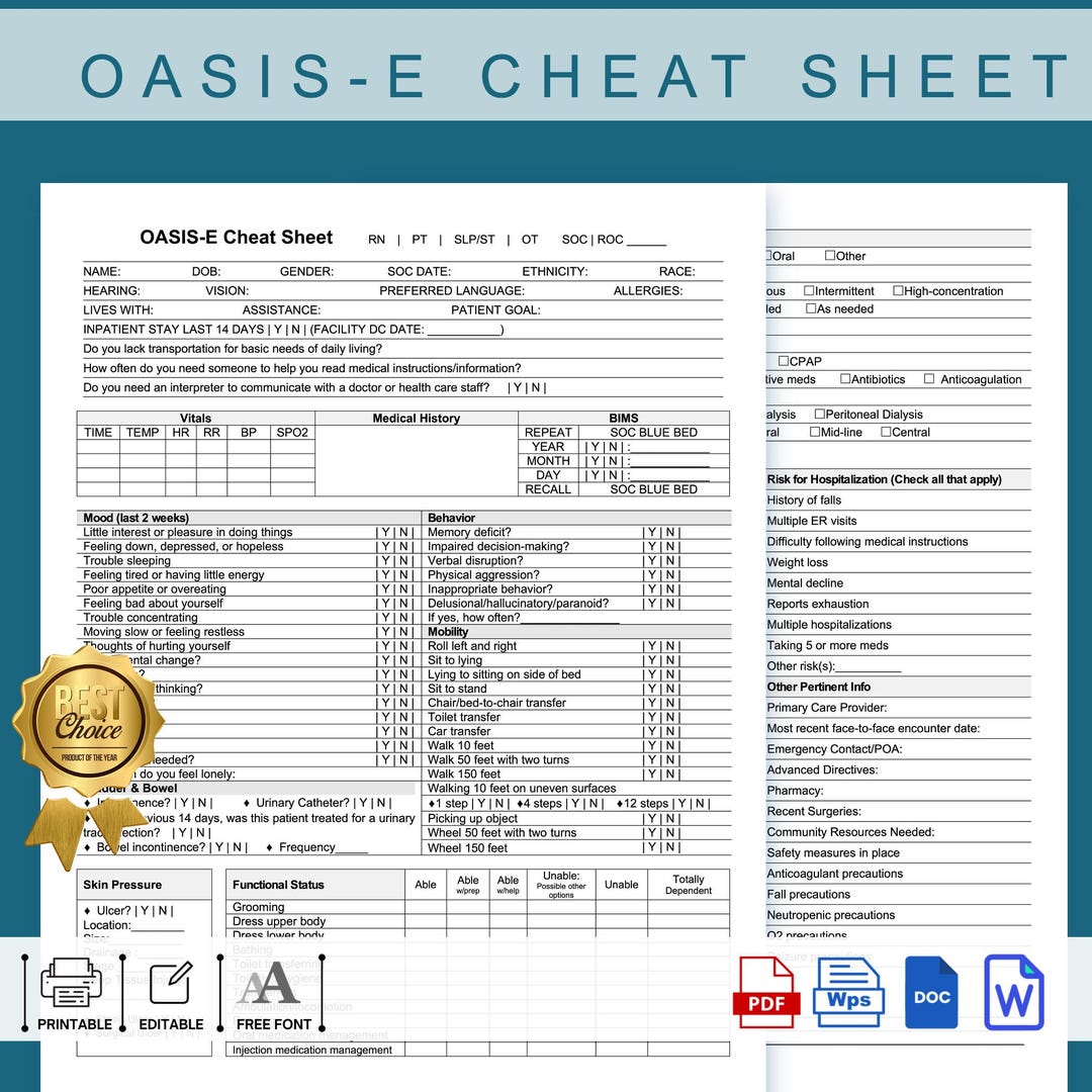 Printable OASIS-E Start of Care Cheat Sheet, Editable OASIS E Start of ...